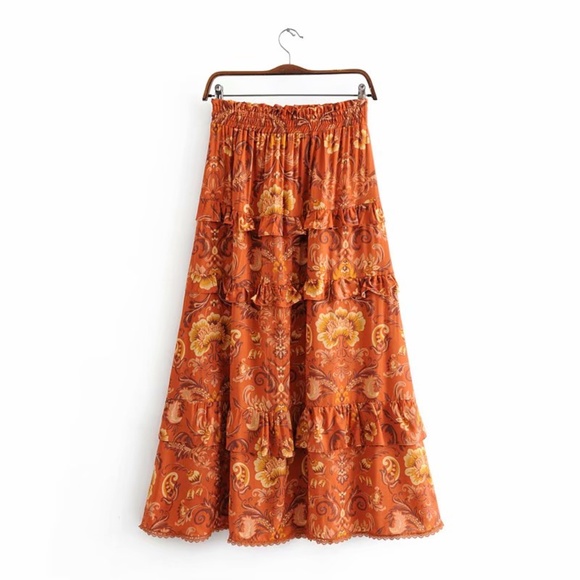 Skirts | Boho Rust Orange Floral Maxi Festival Skirt | Poshmark